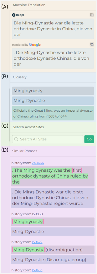 Machine Translation, Glossary, Search Across Sites, Similar Phrases.